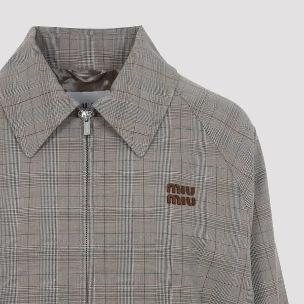 Miu Miu Checked Blouson With Embroidered Logo - Brown