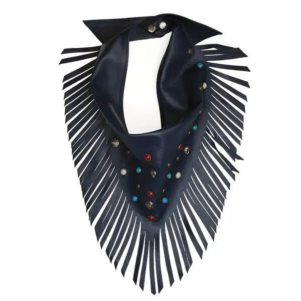 BLACK CAKE Midnight Rodeo Leather Fringe Embellished Bandana - Blue