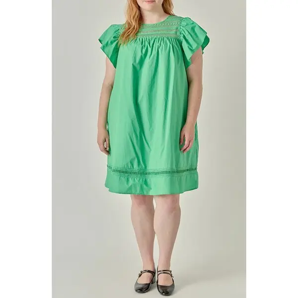 English Factory Lace Yoke Ruffle Sleeve Mini Dress