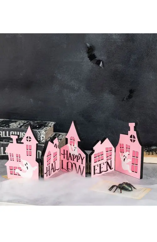GLITZHOME Halloween Wooden Hinged Haunted House Table Decor - Pink