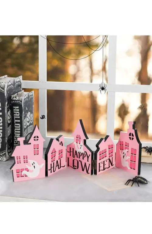 GLITZHOME Halloween Wooden Hinged Haunted House Table Decor - Pink