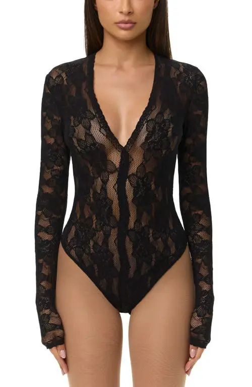 Naked Wardrobe Lace Deep V-neck Bodysuit - Black