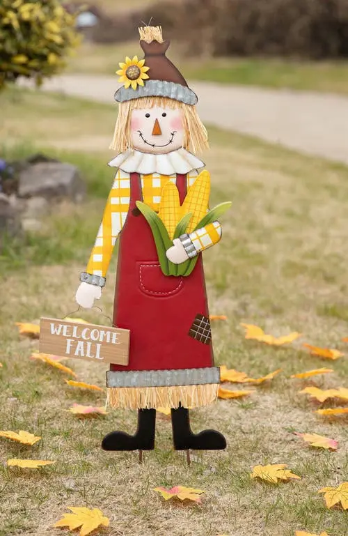 GLITZHOME Fall Metal Scarecrow Yard Stake Or Standing Or Hanging Sign
