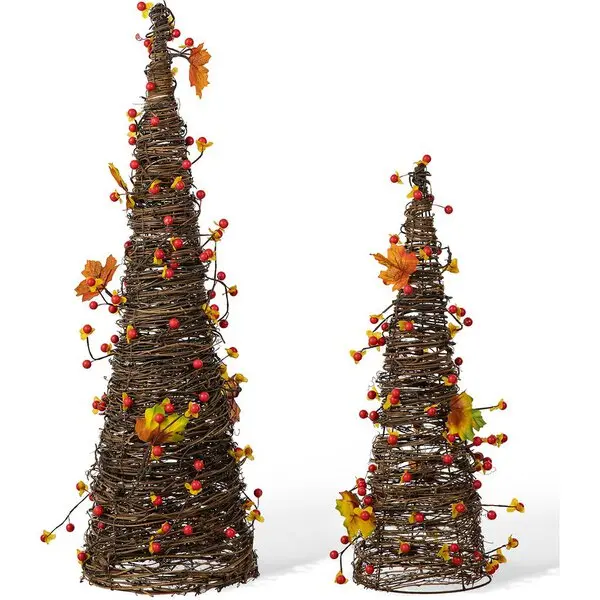 GLITZHOME Set Of 2 Fall Ratten Berries Maple Leaves Table Tree - Orange