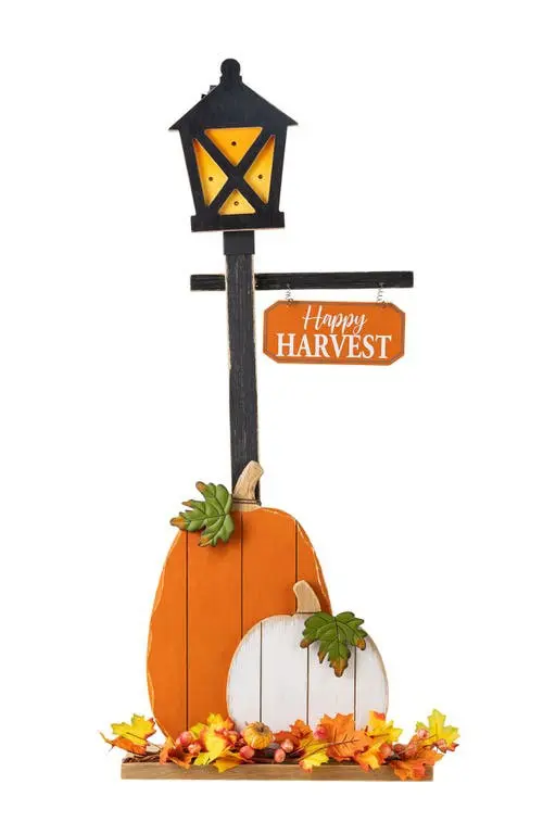 GLITZHOME Fall Thanksgiving Lighted Wooden Lamp Post Porch Decor - Black