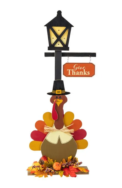 GLITZHOME Fall Thanksgiving Lighted Wooden Lamp Post Porch Decor With Timer