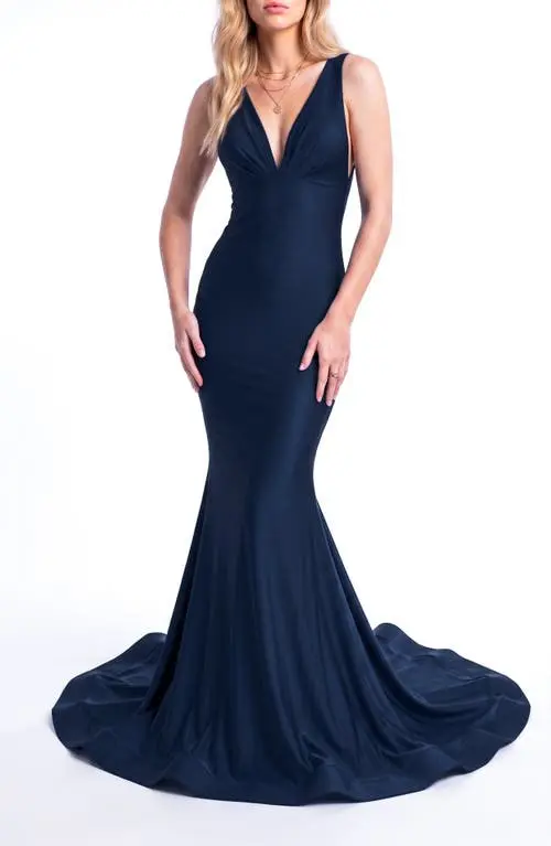 JESSICA ANGEL Plunging Low-back Mermaid Evening Gown With Train - Navy