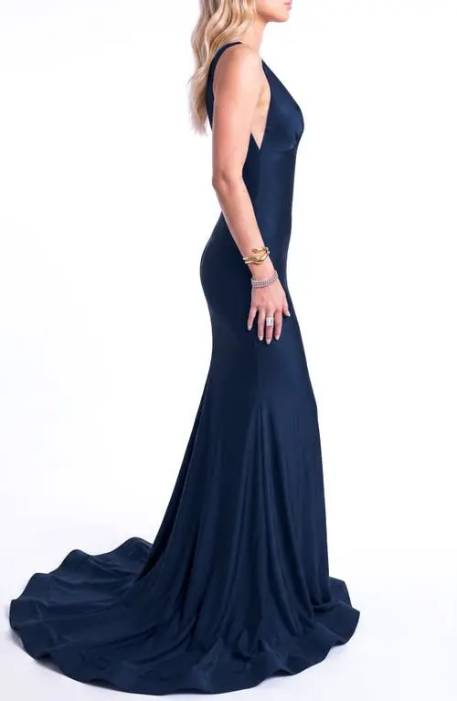 JESSICA ANGEL Plunging Low-back Mermaid Evening Gown - Navy