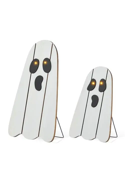 GLITZHOME Set Of 2 Halloween Lighted Wooden Ghost Porch Decor With Timer - White