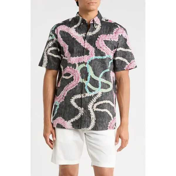 KAHALA Lei Aloha Short Sleeve Cotton Button-down Shirt - Black