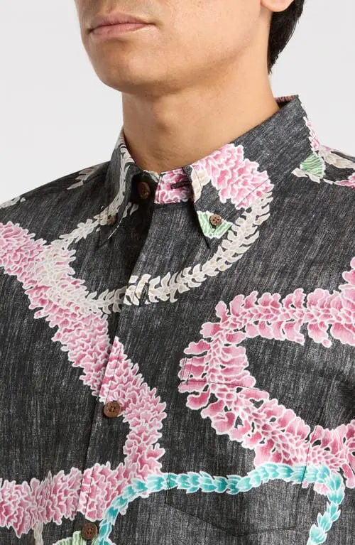 KAHALA Lei Aloha Short Sleeve Cotton Button-down Shirt - Black