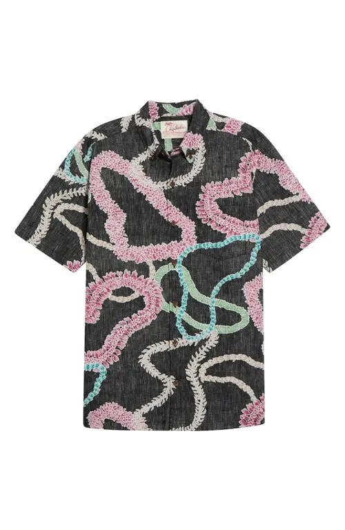KAHALA Lei Aloha Short Sleeve Cotton Button-down Shirt - Black