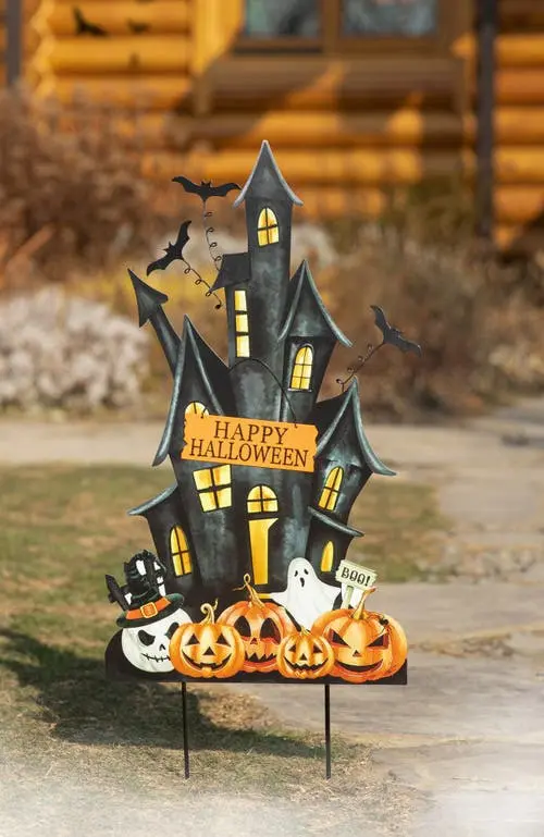 GLITZHOME Halloween Metal Haunted House Yard Stake