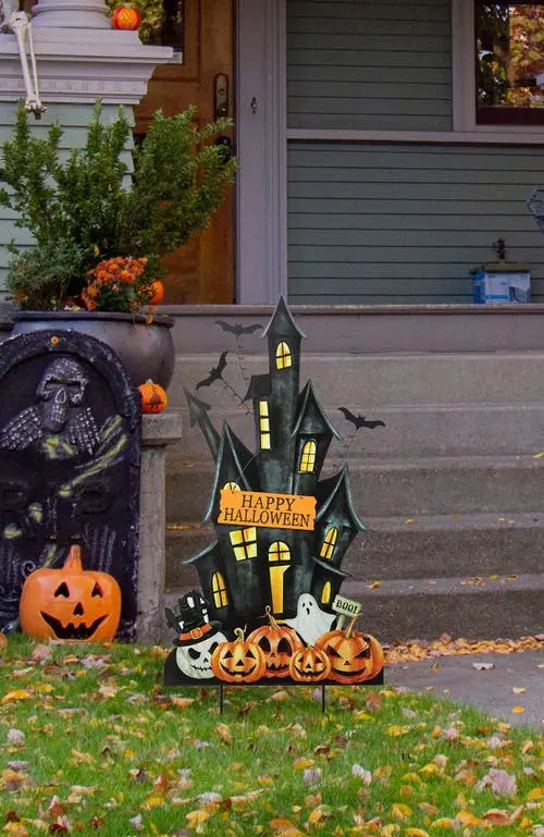 GLITZHOME Halloween Metal Haunted House Yard Stake