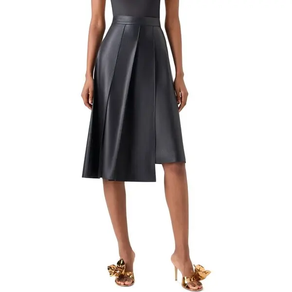 Akris Pleated Asymmetrical Lambskin Leather Midi Skirt
