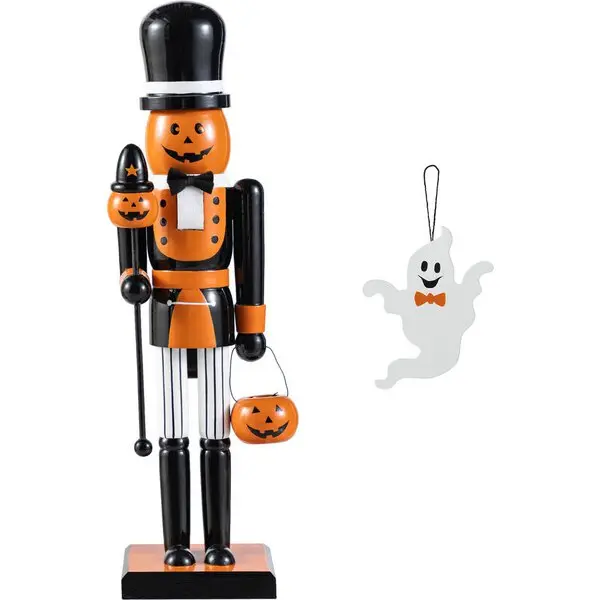 GLITZHOME Halloween Wooden Pumpkin Nutcracker With Ghost Ornament