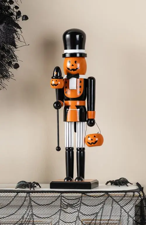 GLITZHOME Halloween Wooden Pumpkin Nutcracker With Ghost Ornament