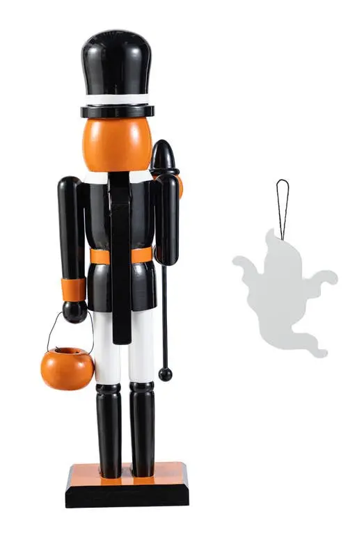 GLITZHOME Halloween Wooden Pumpkin Nutcracker With Ghost Ornament