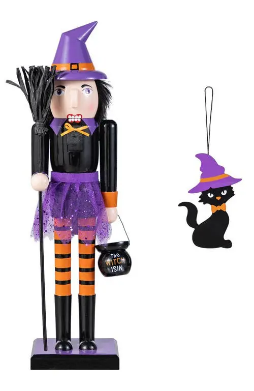 GLITZHOME Halloween Wooden Witch Nutcracker With Witch Cat Ornament