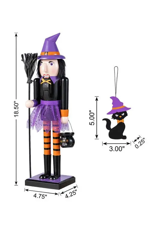 GLITZHOME Halloween Wooden Witch Nutcracker With Witch Cat Ornament