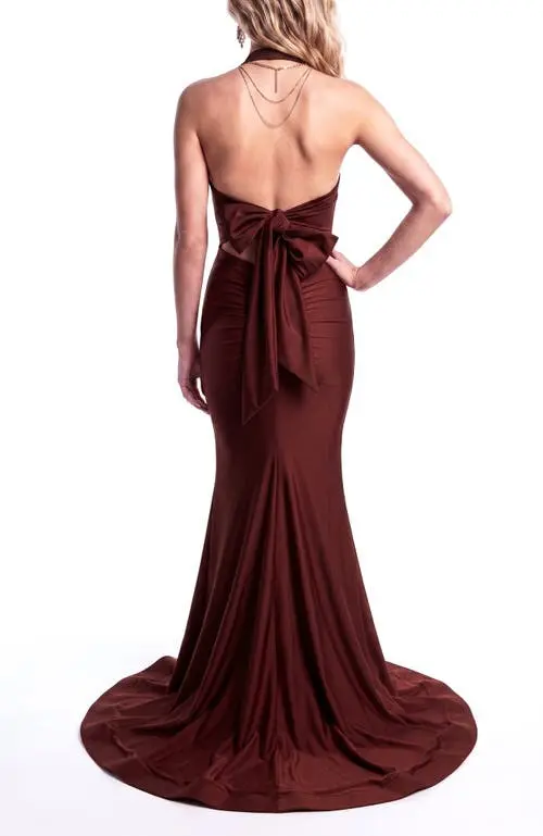 JESSICA ANGEL Open-back Halter Mermaid Gown With Bow Detail - Brown