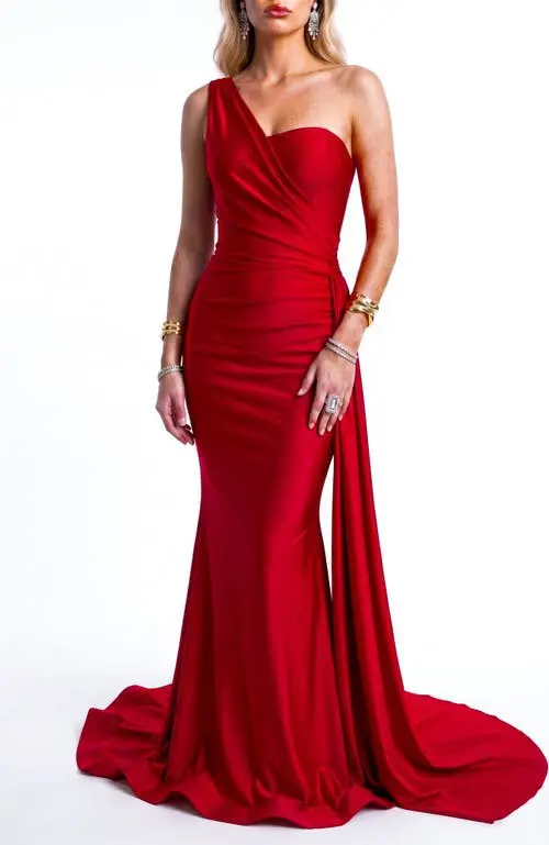 JESSICA ANGEL One-shoulder Draped Satin Mermaid Gown With Side Cascade - Red