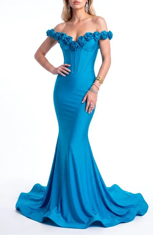 JESSICA ANGEL Rosette Off-shoulder Corset Mermaid Gown - Turquoise