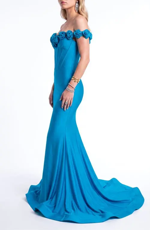JESSICA ANGEL Rosette Off-shoulder Corset Mermaid Gown - Turquoise