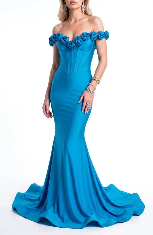 JESSICA ANGEL Rosette Off-shoulder Corset Mermaid Gown - Turquoise