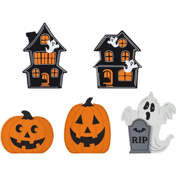 GLITZHOME Set Of 5 Halloween Wooden Haunted House