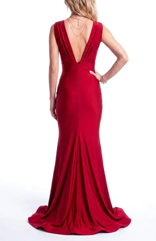 JESSICA ANGEL Plunging V-neck Draped Mermaid Gown - Red