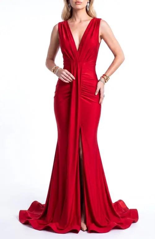 JESSICA ANGEL Plunging V-neck Draped Mermaid Gown - Red