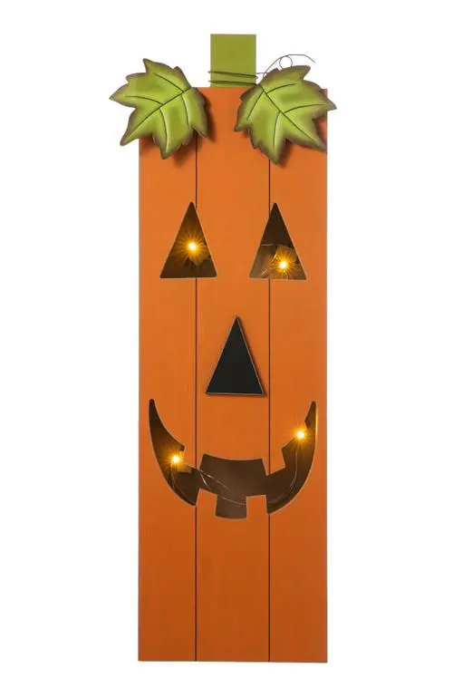 GLITZHOME Lighted Halloween Wooden Pumpkin Porch Decor With Timer