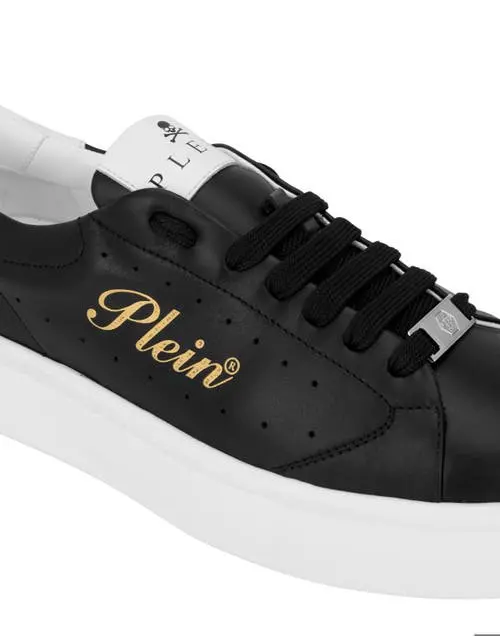 Philipp Plein Signature Low-top Leather Sneakers With Gold Tone Logo - Black