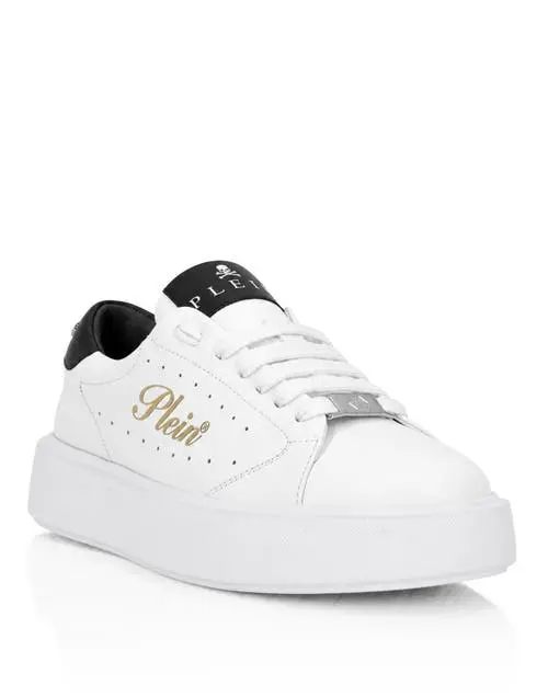 Philipp Plein Signature Low-top Leather Sneakers With Gold Tone Logo - White/black