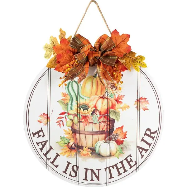 GLITZHOME Fall Wooden Round Word Sign Door Hanger - Orange
