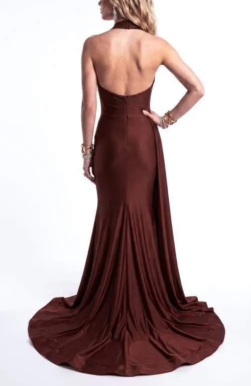 JESSICA ANGEL Ruched Halter Mermaid Gown With Side Drape And Slit - Brown