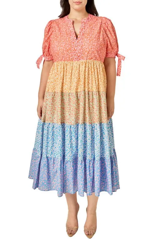 English Factory Colorblocked Floral Print Midi Dress