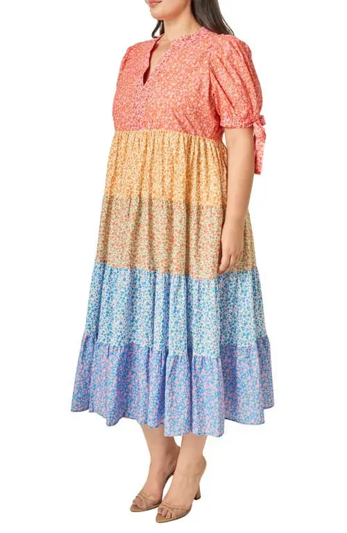 English Factory Colorblocked Floral Print Midi Dress