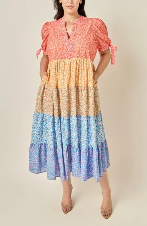 English Factory Colorblocked Floral Print Midi Dress