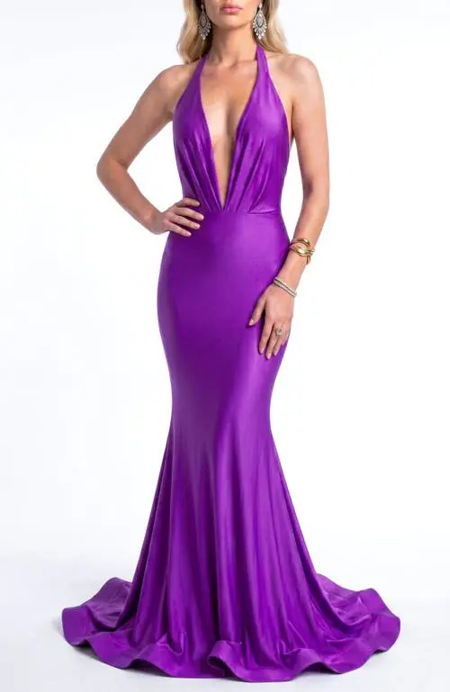 JESSICA ANGEL Plunging Halter Open-back Mermaid Gown With Train - Plum