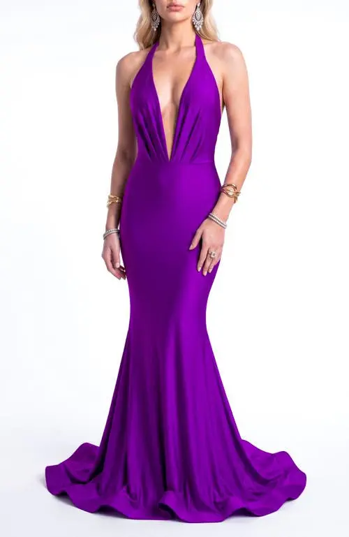 JESSICA ANGEL Plunging Halter Mermaid Gown - Plum