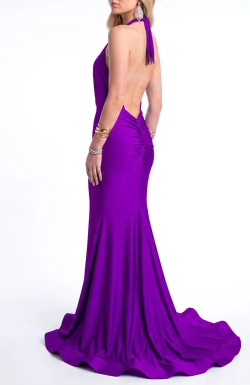 JESSICA ANGEL Plunging Halter Mermaid Gown - Plum