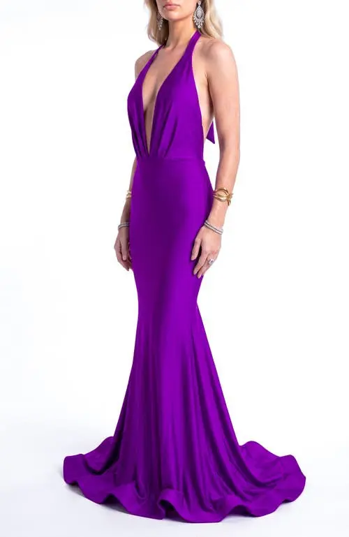 JESSICA ANGEL Plunging Halter Mermaid Gown - Plum