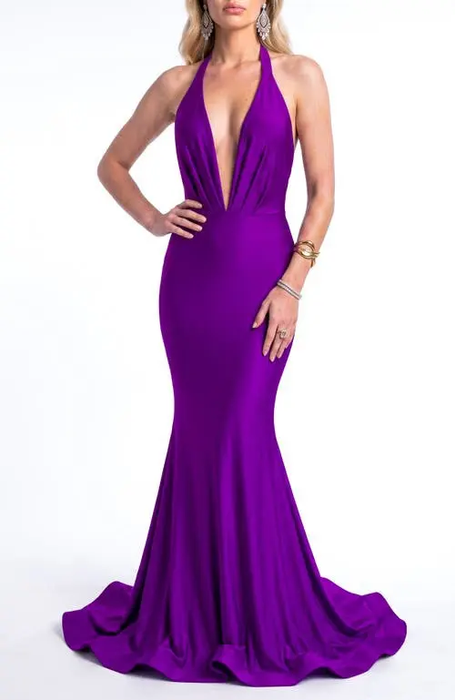 JESSICA ANGEL Plunging Halter Mermaid Gown - Plum