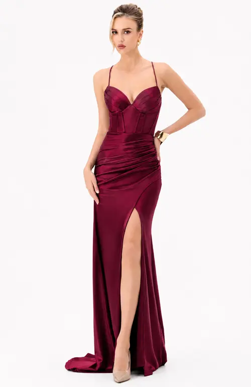 BARIANO Corset Maxi Gown With Plunging Neckline And Side Split - Chocolate