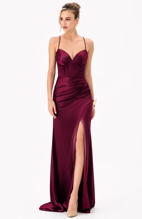 BARIANO Corset Maxi Gown With Plunging Neckline And Side Split - Chocolate