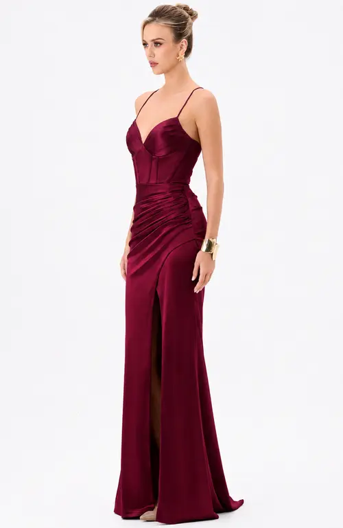 BARIANO Corset Maxi Gown With Plunging Neckline And Side Split - Chocolate