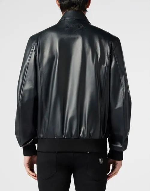 Philipp Plein Nappa Leather Bomber Jacket With Palm Embroidery - Black