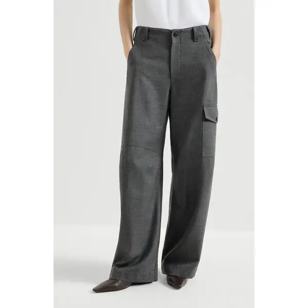 Brunello Cucinelli Virgin Wool Twill Cargo Barrel Trousers With Monili